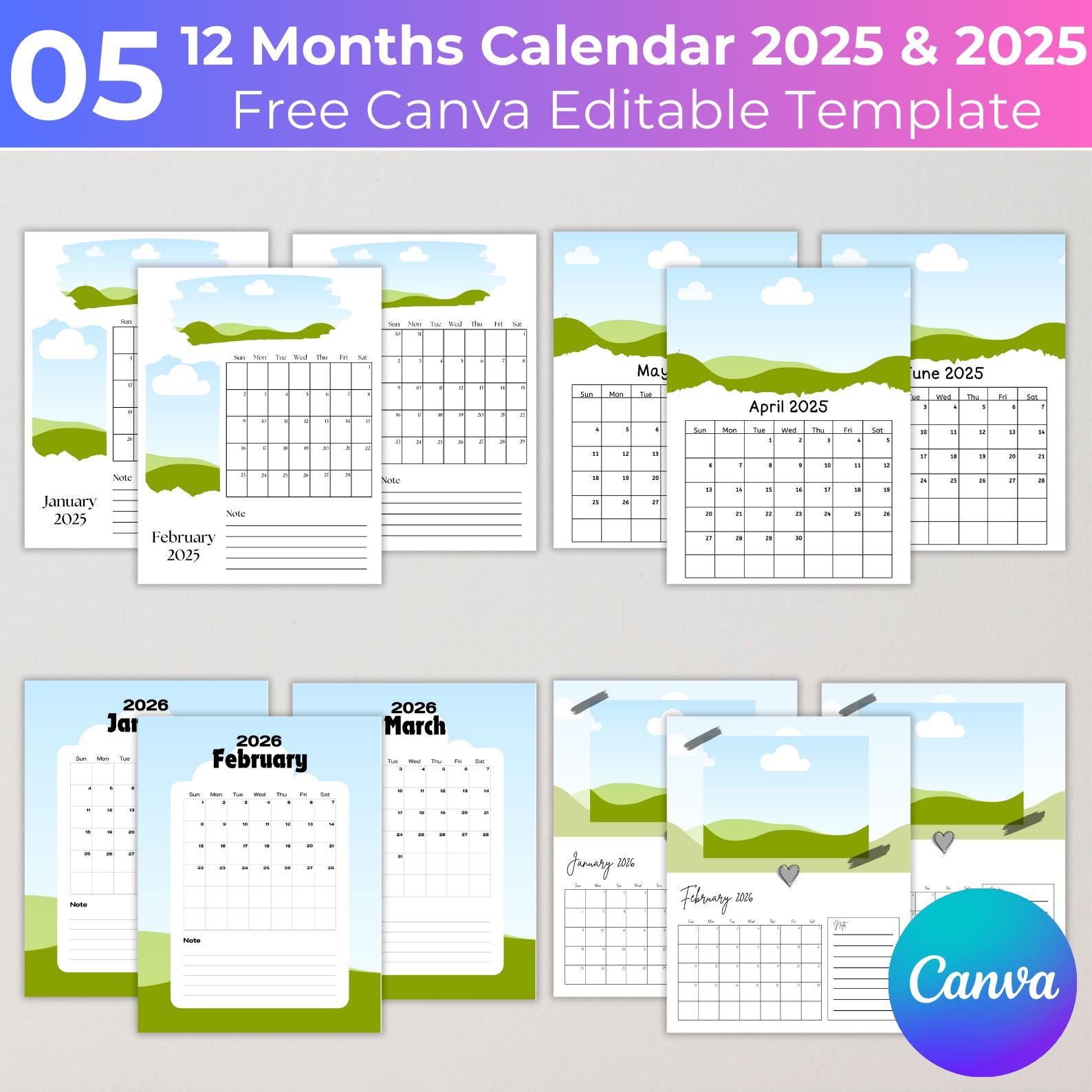 2025 & 2026 Calendar Canva Editable Templates, 5 Set Bundle, Custom ...