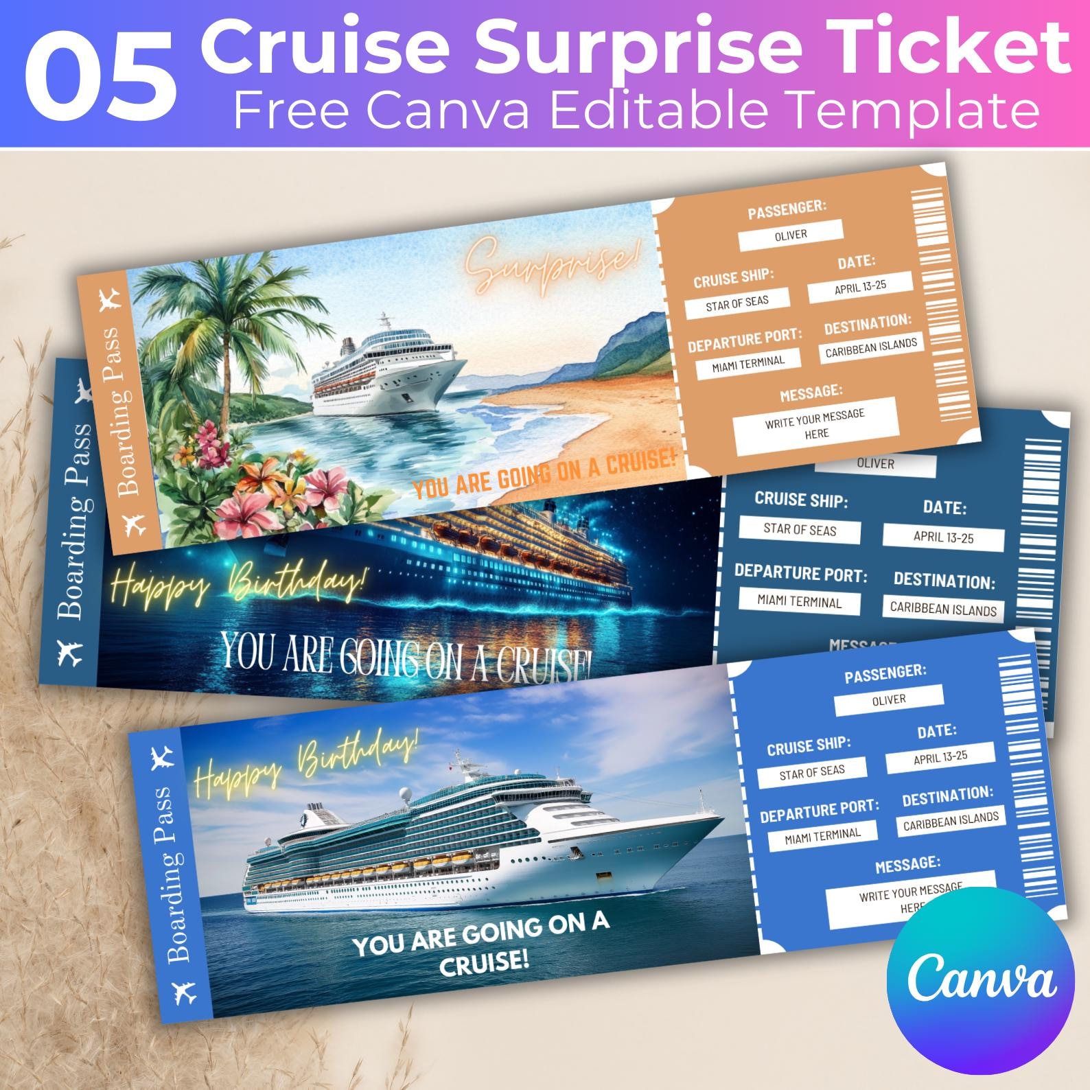 05 Cruise Ticket Canva Editable Template, Cruise Boarding Pass Surprise ...