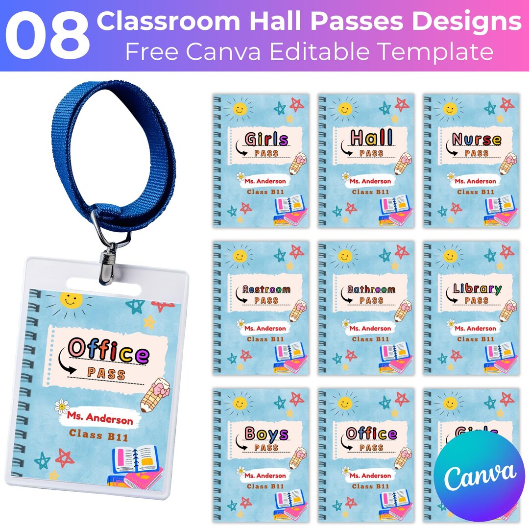 Classroom Hall Passes Canva Template, Teacher, Bathroom, Nurse Pass ...