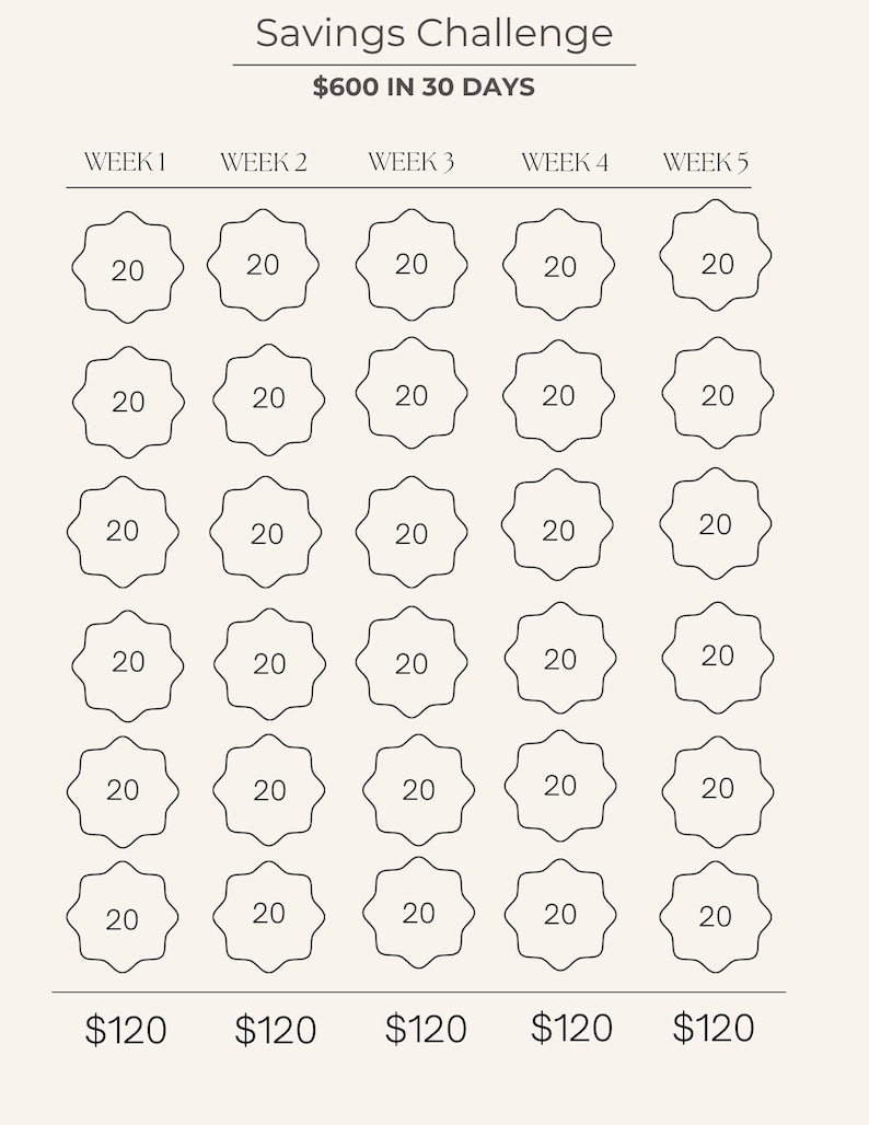 30- Day Savings Challenge Printable | Save 600 Fast ! - Etsy