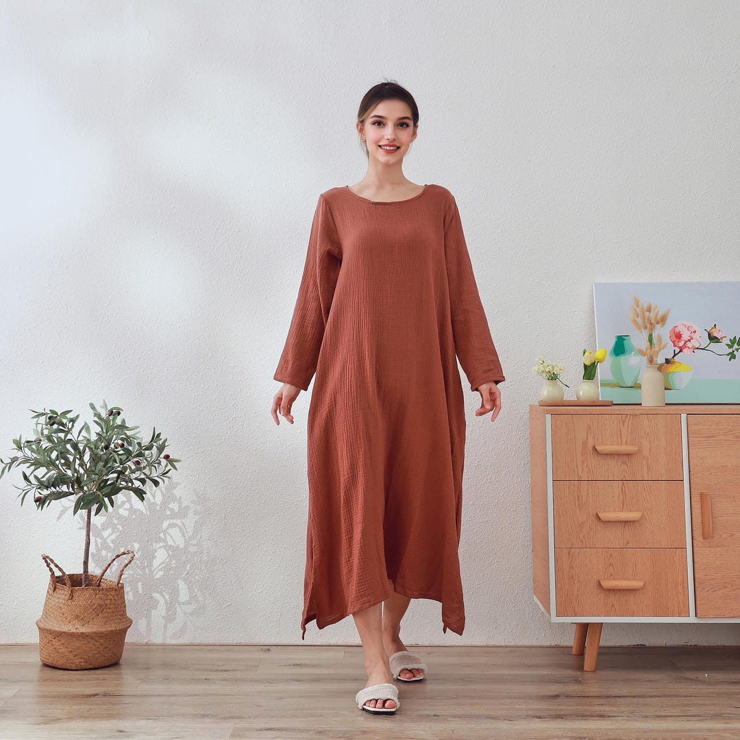 Spring Muslin Organic Cotton Dress Long Sleeves Midi Dress Soft ...