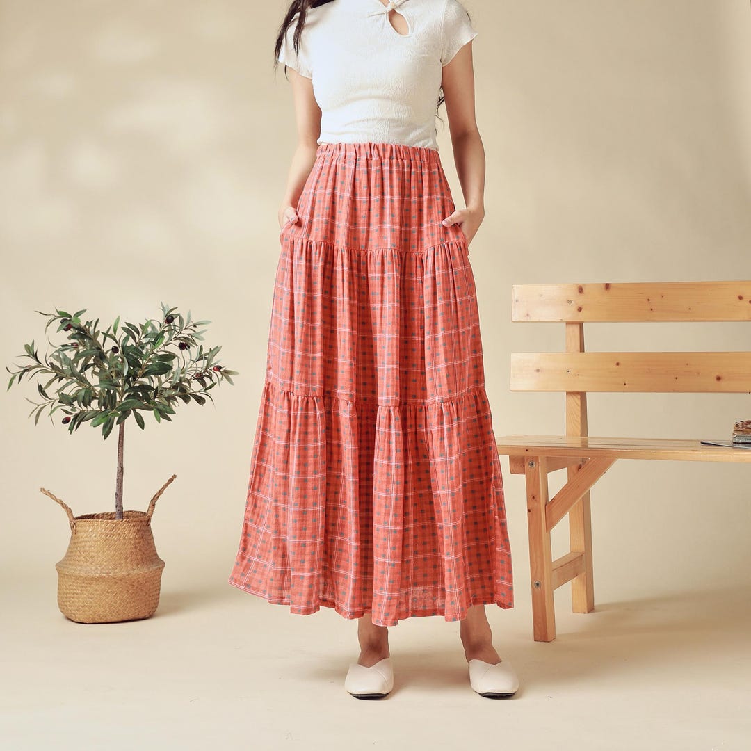 Summer Layered Skirt Plaid Muslin Elastic Waist Long Skirt Cozy Cotton ...