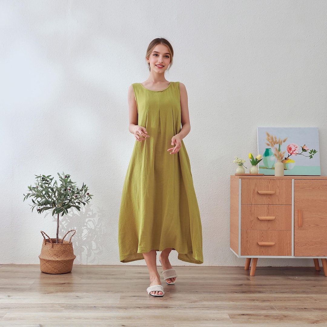 Muslin Organic Cotton Dress Summer Sleeveless Midi Sundress Soft ...
