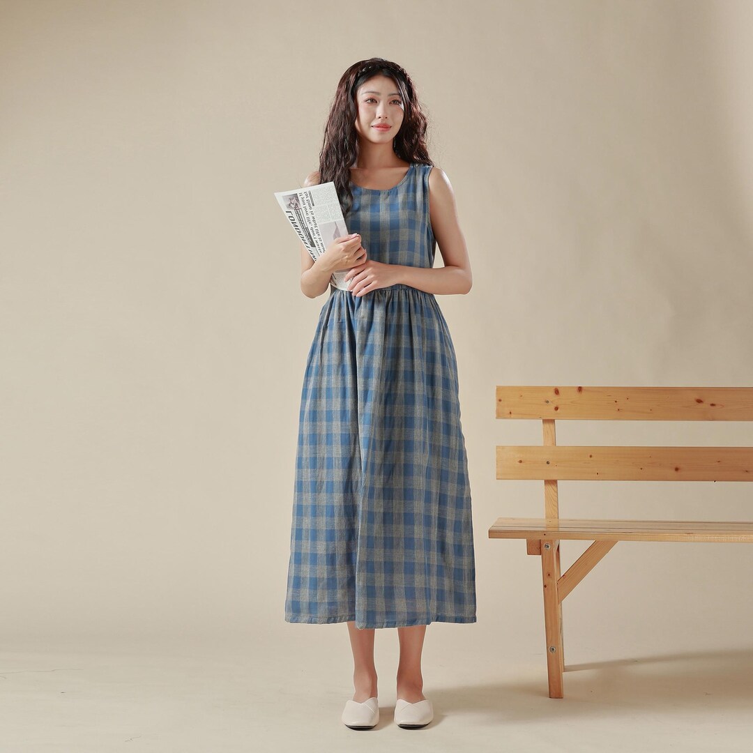 Summer Cozy Dress Plaid Sundress Pure Muslin Cotton Sleeveless Dress ...