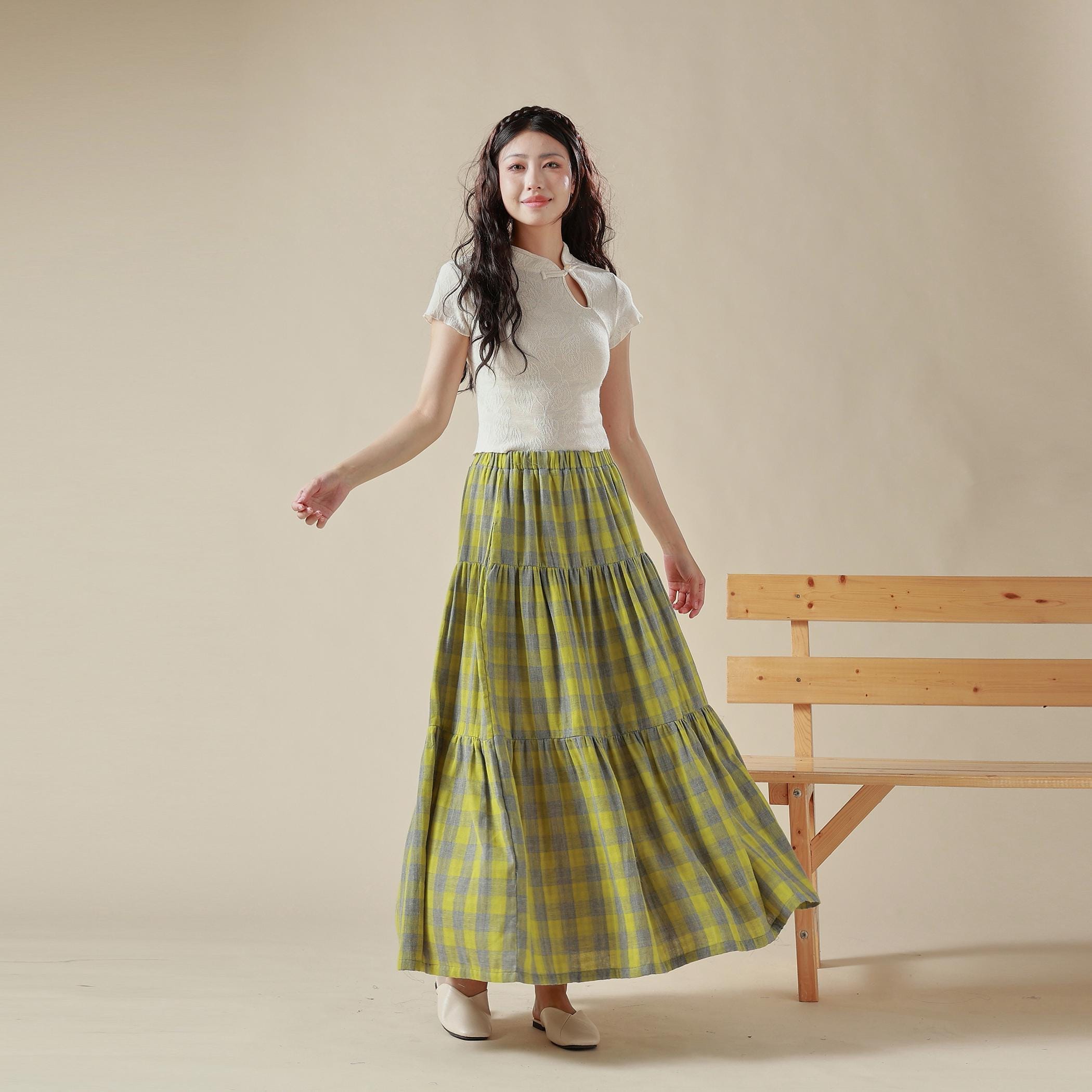 Summer Layered Skirt Plaid Muslin Elastic Waist Long Skirt Cozy Cotton ...