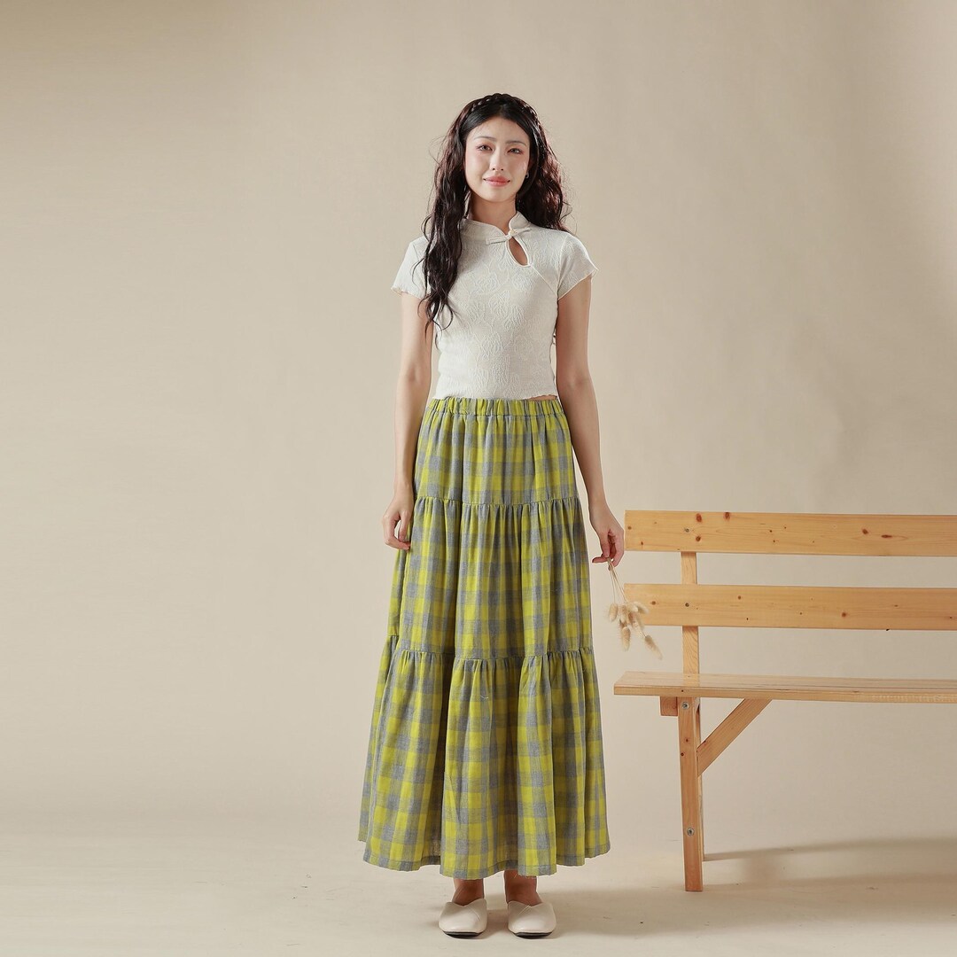 Summer Layered Skirt Plaid Muslin Elastic Waist Long Skirt Cozy Cotton ...