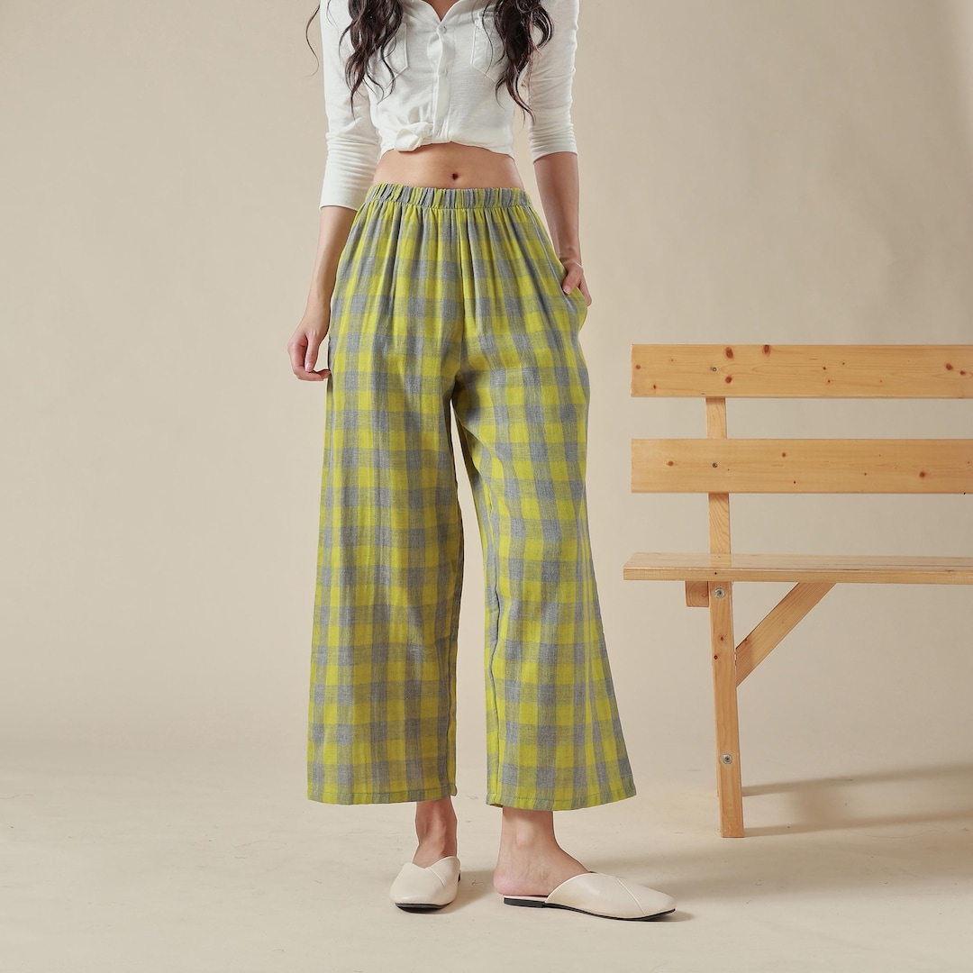 Spring Summer Pant Plaid Muslin Elastic Waist Long Pant Wide Leg Pant ...