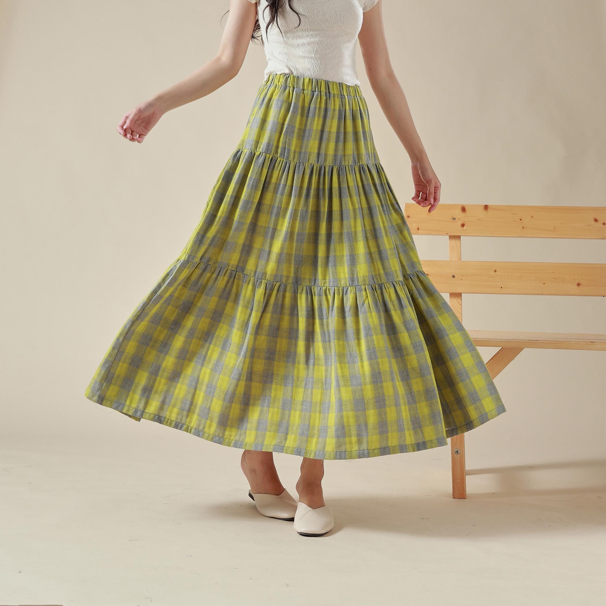Summer Layered Skirt Plaid Muslin Elastic Waist Long Skirt Cozy Cotton ...