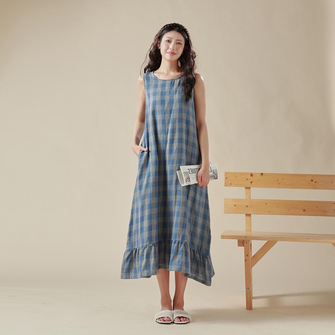 Summer Cozy Dress Plaid Sundress Pure Muslin Cotton Sleeveless Dress ...
