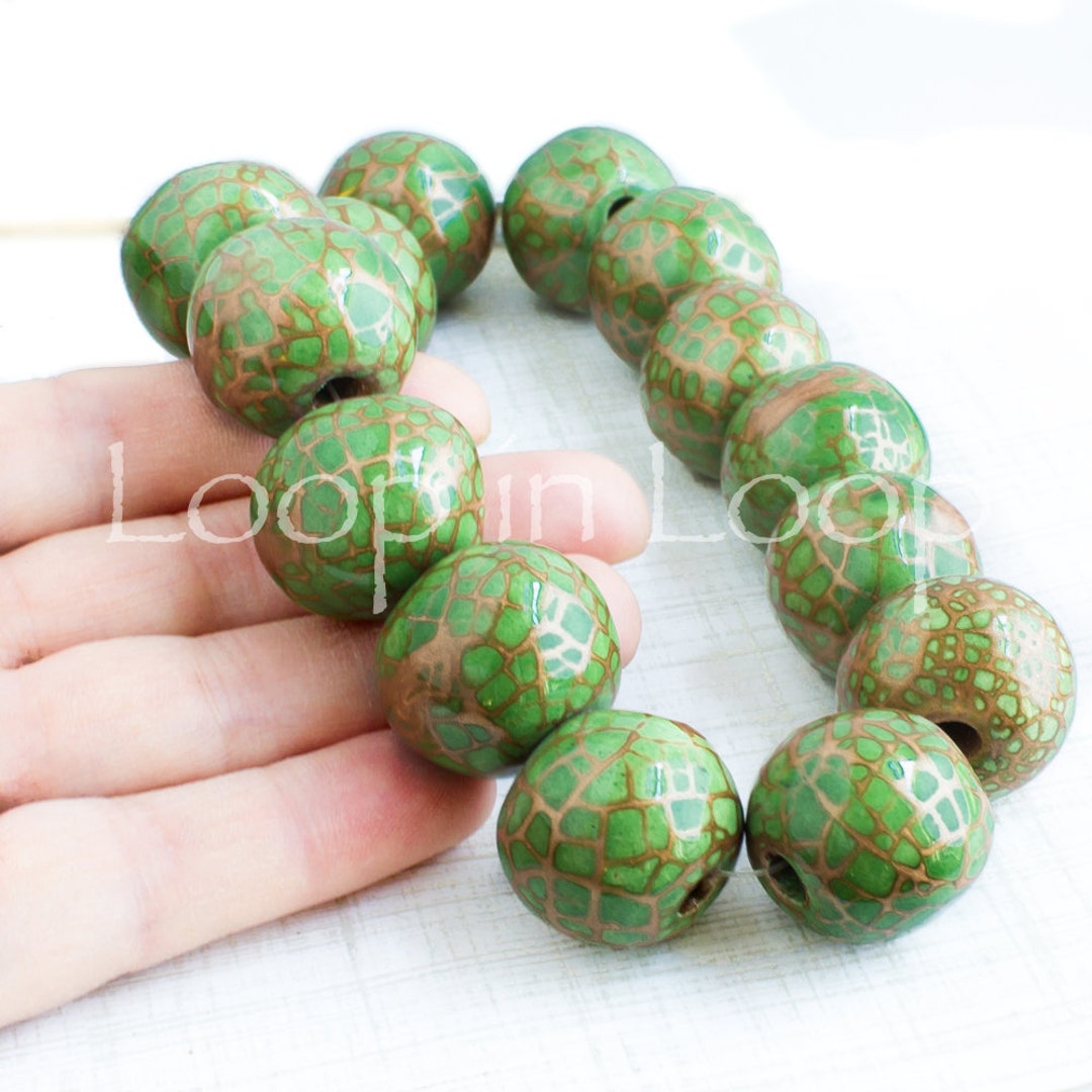 10%OFF, Large 25mm Ceramic Round Beads, 1 Inch, Green Copper Crackle ...