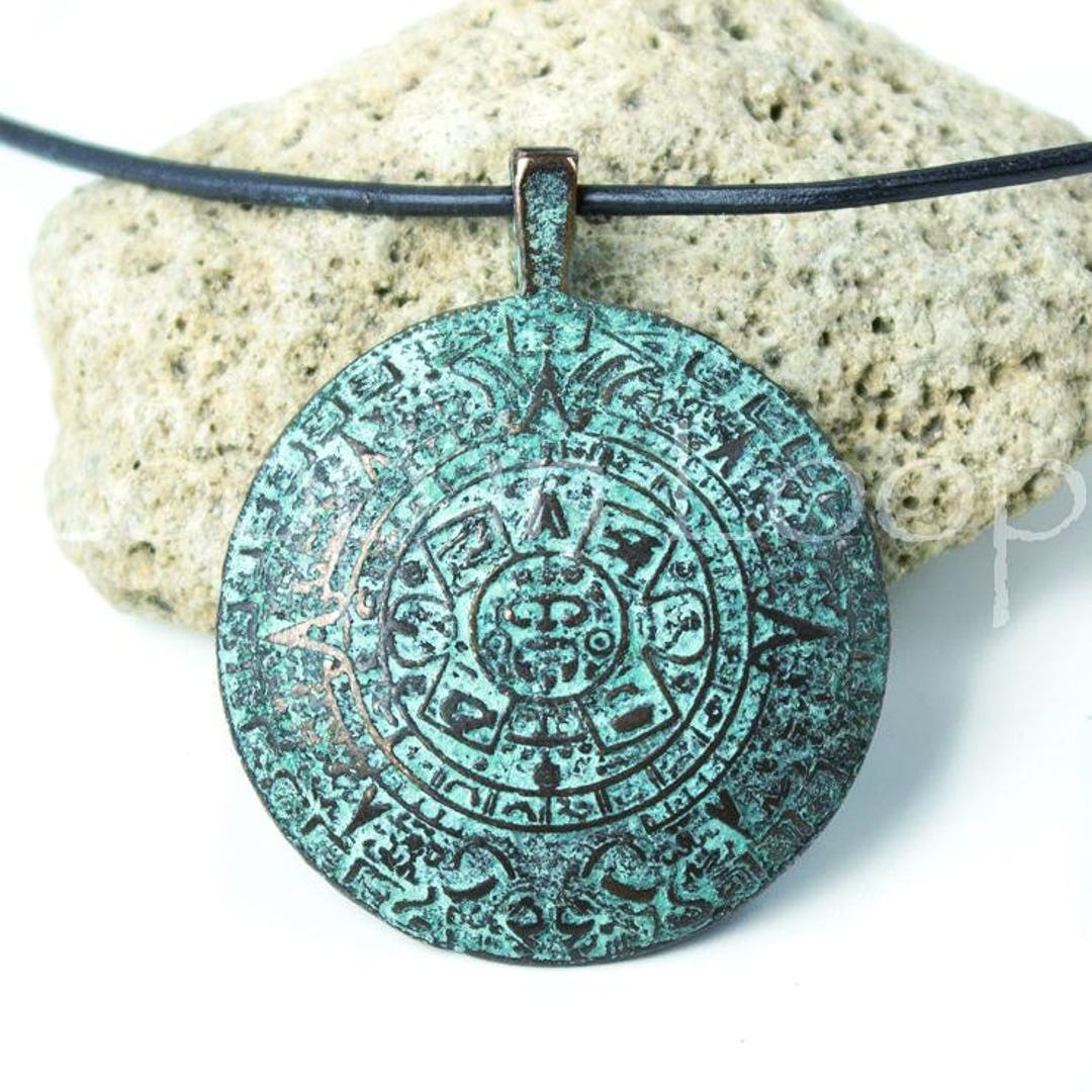 Mykonos Mayan Calendar Pendant, Copper Green Patina, Round, Large ...