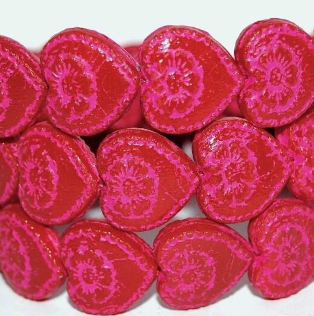 Czech Glass Vintage Heart Beads, Opaque Berry Red With Fuchsia Pink ...