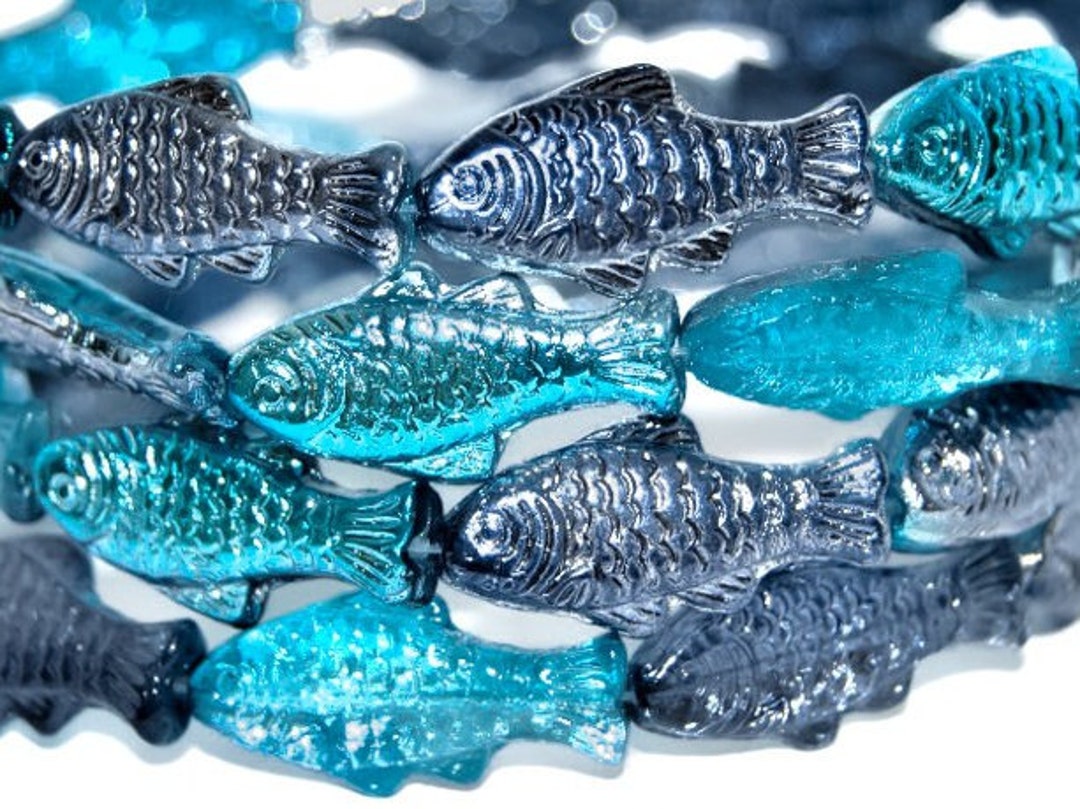 Czech Glass Fish Beads, 1 Inch, Slate Blue Aqua AB Luster, Translucent ...