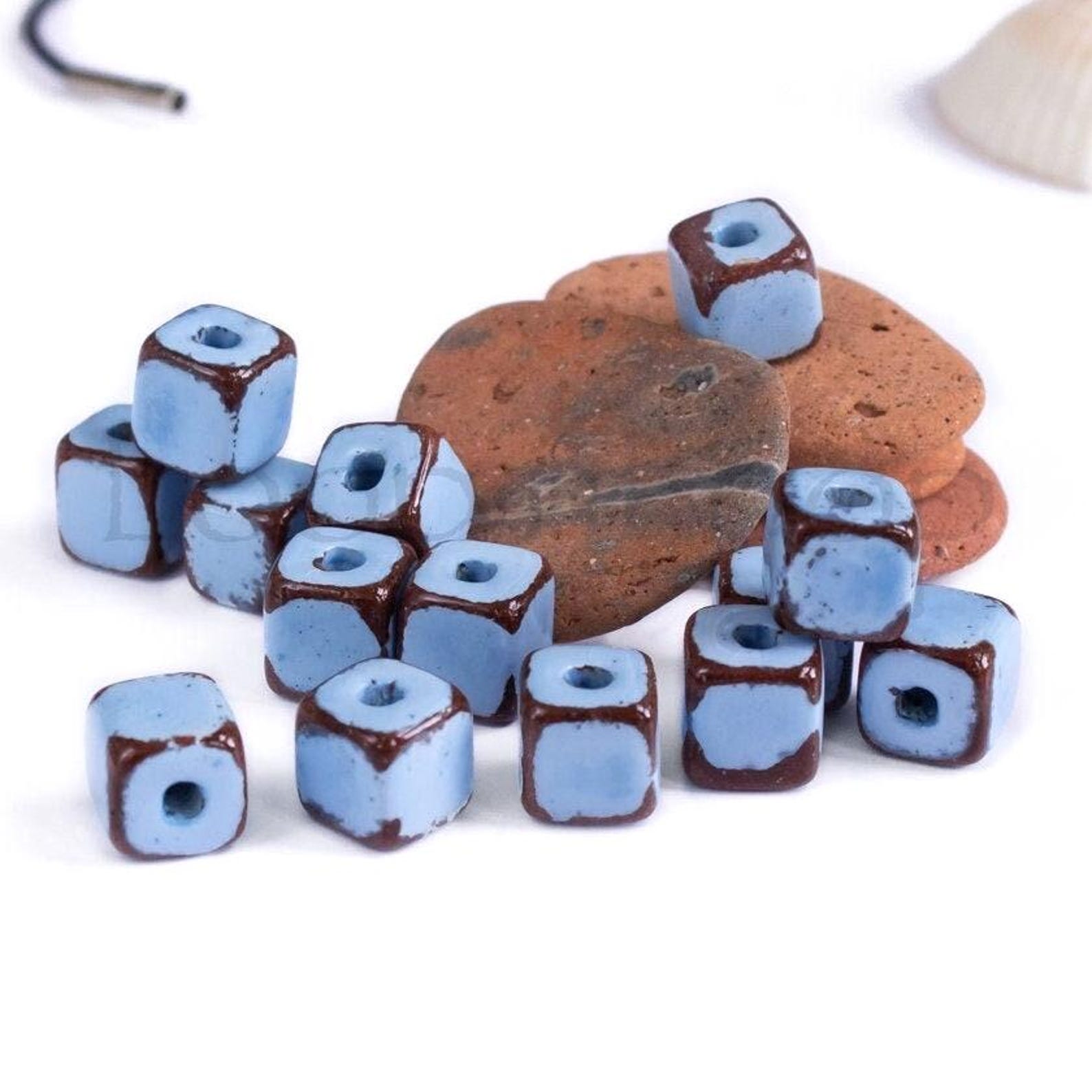 10%OFF, Mykonos Ceramic Cube Beads, Sky Blue Brown Pueblo Adobe, 10mm ...