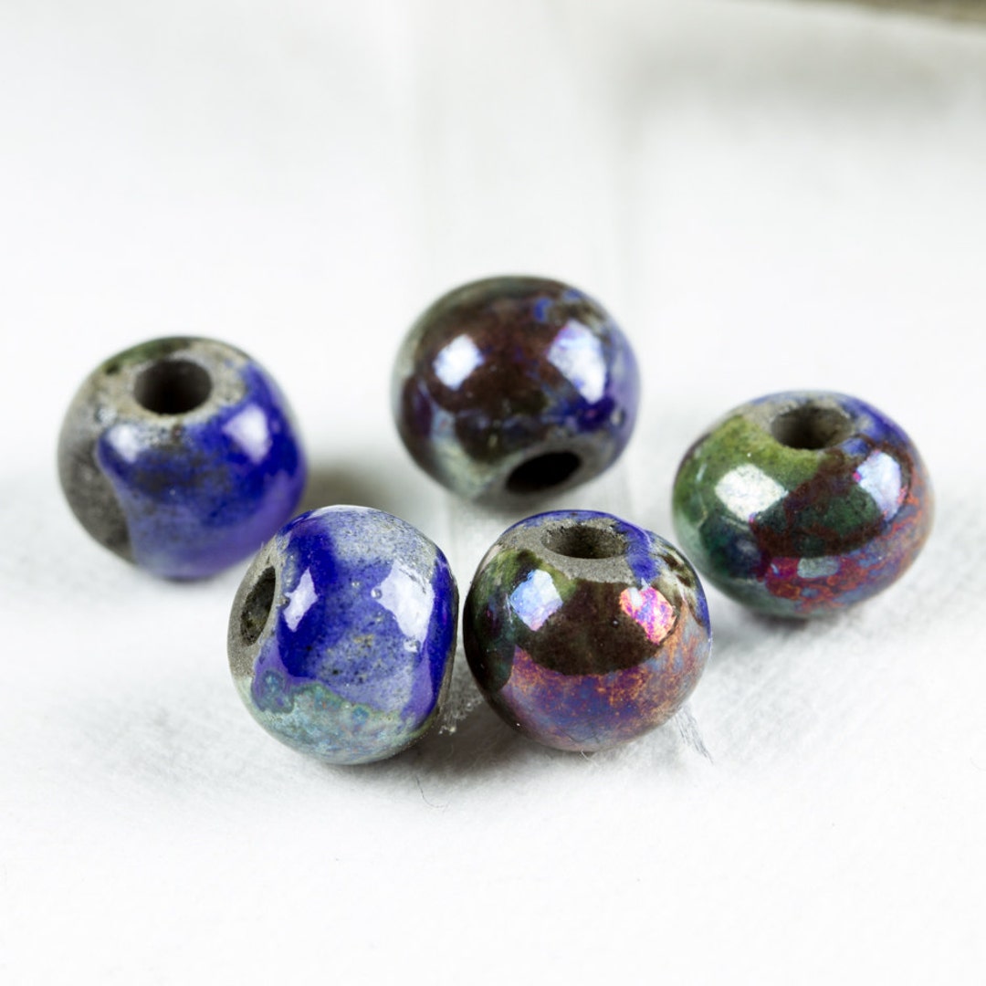 Mykonos Raku Ceramic Round Beads, 6mm - 8mm, Metallic Blue Midnite ...