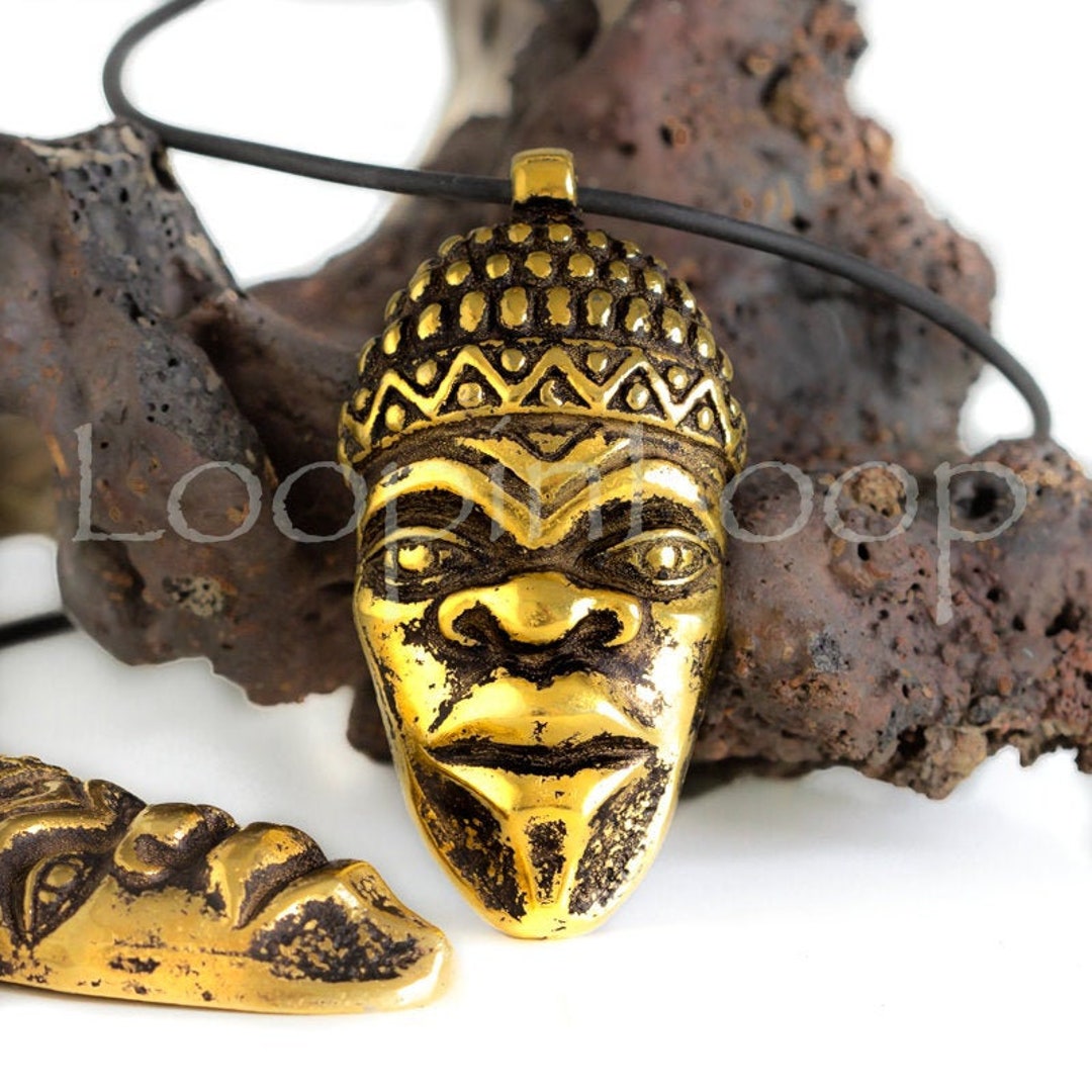 Extra Large African Mask Pendant, 24k Gold Plated Tribal Face, Mykonos ...