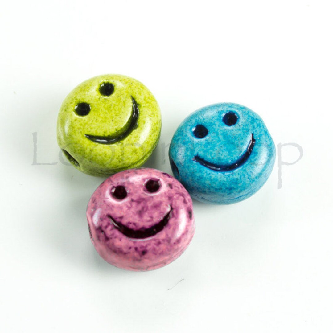 Set of 3, Ceramic Smiley Face Beads, Happy Carved Smile, Emoticon ...