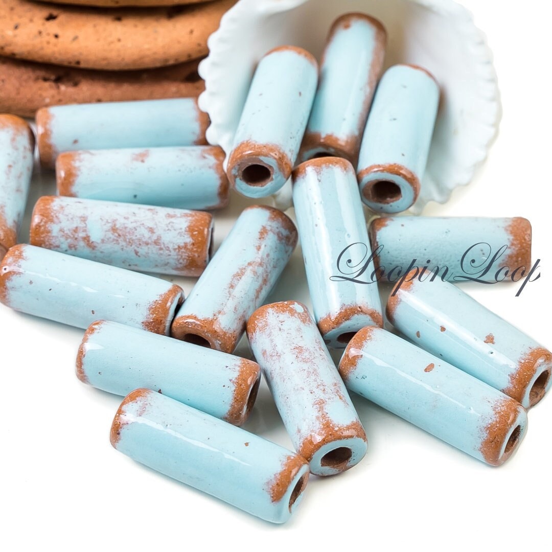 10%OFF, 17mm Ceramic Tube Beads, Pueblo Baby Blue Terracotta Brown ...