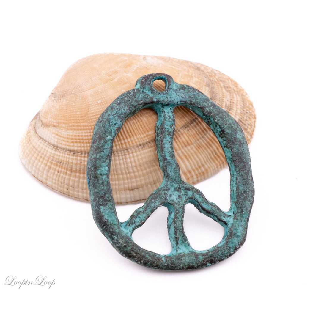 Large Peace Sign Pendant, Mykonos Beads, Copper Green Patina, 33x28mm ...