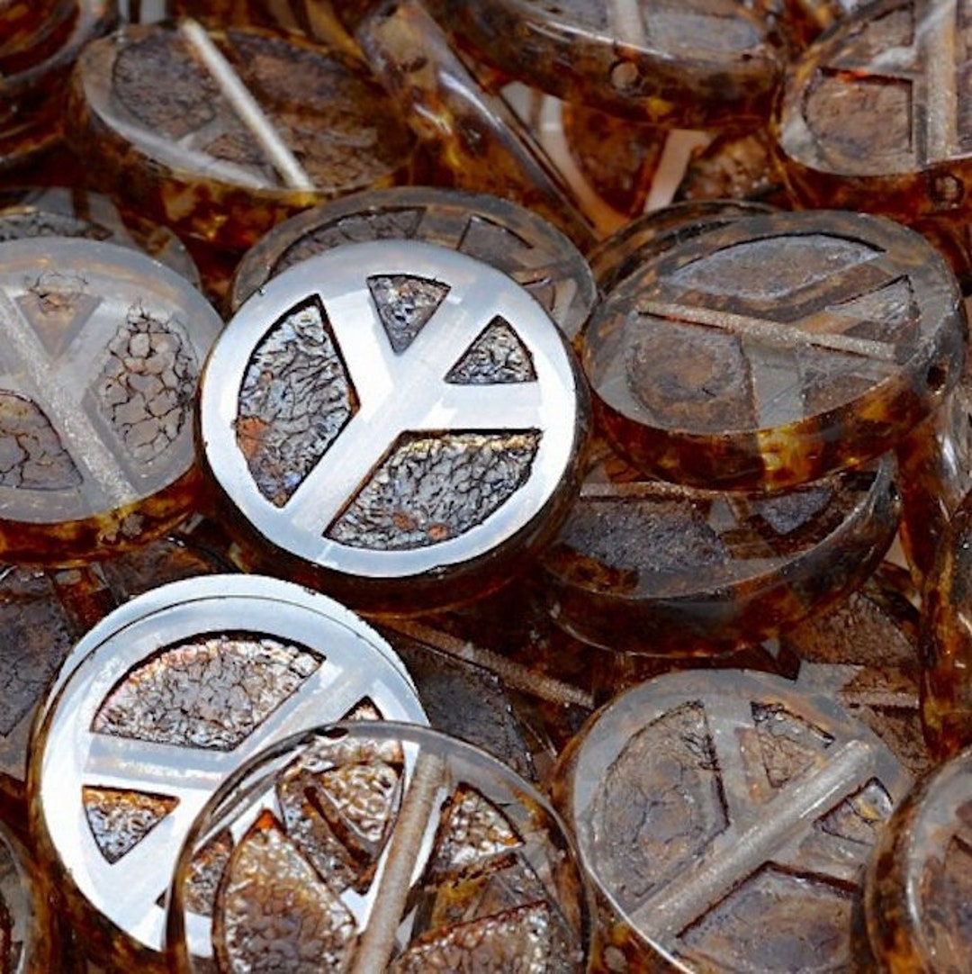 Czech Glass Peace Sign Beads, Translucent Table Cut Beads, Clear With ...