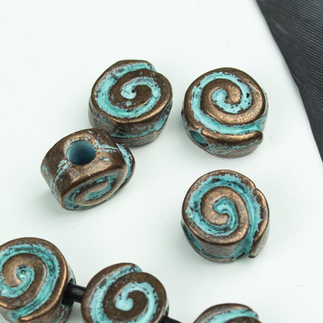 Mykonos Spiral Flat Beads, Copper Green Patina, 10mm Snail Shell, Round ...