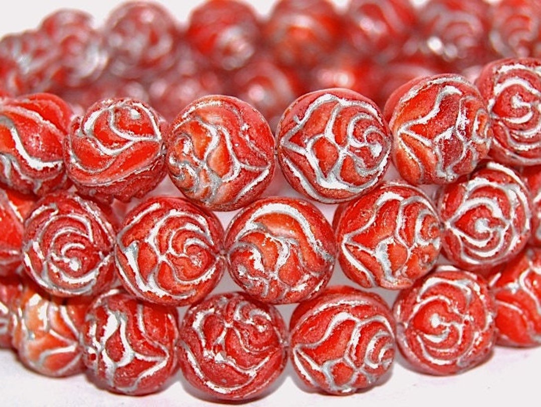 Rose Buds Beads, Sunrise Red Coral, Premium Czech Glass, 13mm Rosebud ...