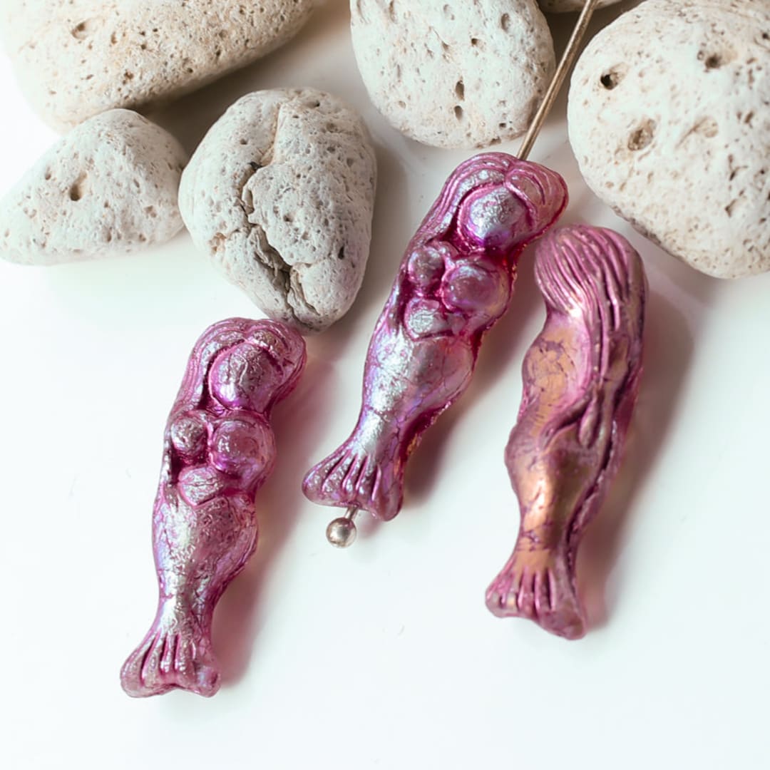 Pink Mermaid Czech Glass Beads, 1 Inch, Beach Jewelry Making ...