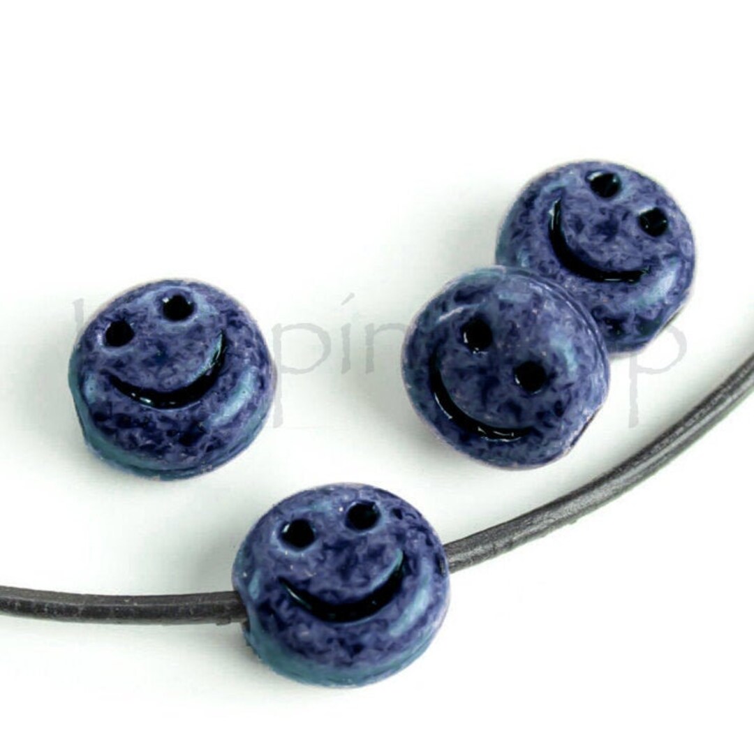 Cobalt Indigo Blue Ceramic Smiley Face Bead, Happy Carved Smiley ...