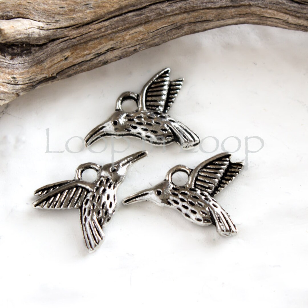17mm Hummingbird Charms, 3D Tiny Flying Bird, Silver Plated, Tierracast ...