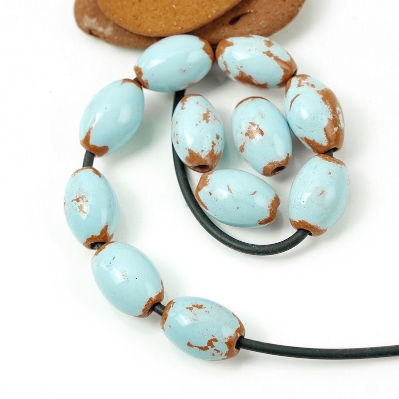 18mm Ceramic Oval Rice Beads, Mykonos Pueblo Beads, Baby Blue Teracotta ...