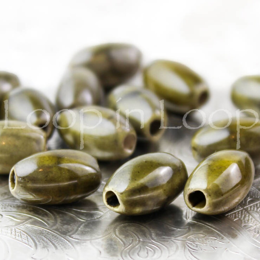 15mm Ceramic Oval Olive Beads, Mykonos Beads, Big Hole, Olive Green ...