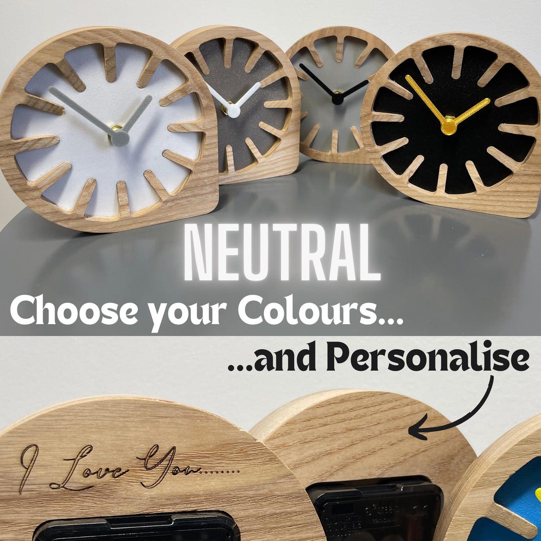 Neutral Personalised Solid Wood Desk Clock – Monochrome Inlay – Custom ...