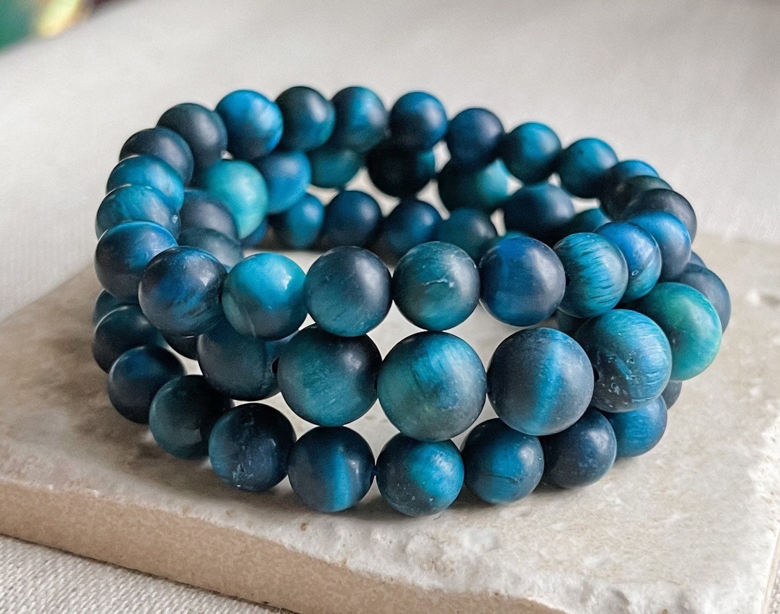 Matte Teal Blue Tiger's Eye Bracelet Stack - Set of 3 Handcrafted With ...
