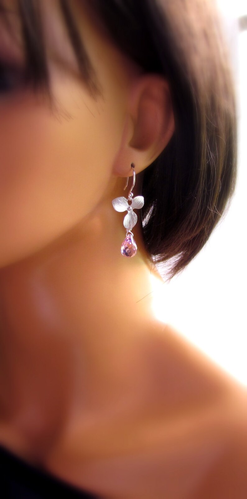 Pink Cubic Zirconia And Silver Orchid Dangle Earrings Etsy