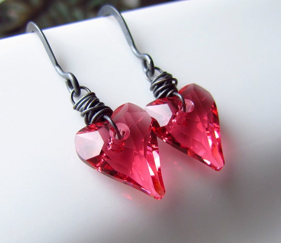 Tiny Pink Heart Dangle Earrings Valentine s Gift for Her Under 40 Oxidized Sterling Silver Swarovski Wild Hearts in Strawberry Creme Etsy