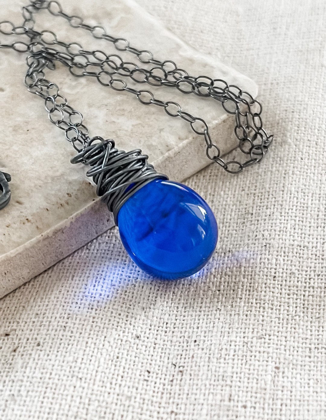 Big Royal Blue Pendant Necklace, Oxidized Sterling Silver Chain ...