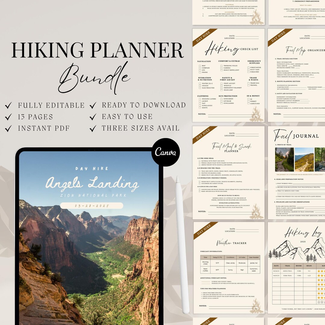 Mountain Hiking Checklist Bundle Kit Canva Template Travel Checklist ...