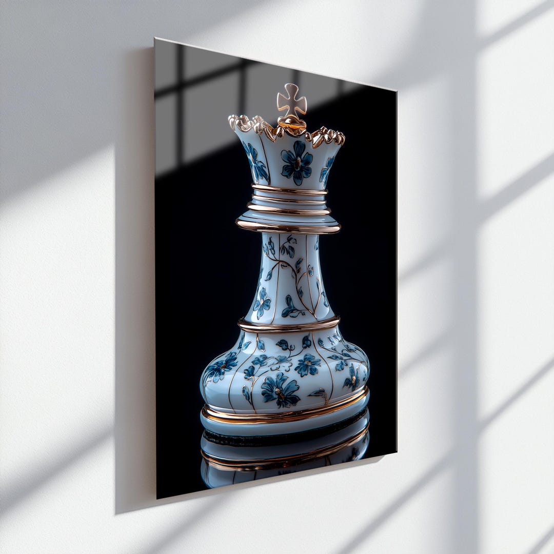 King Chess Piece Glass Wall Art, Porcelain Tempered Glass Print, Floral ...