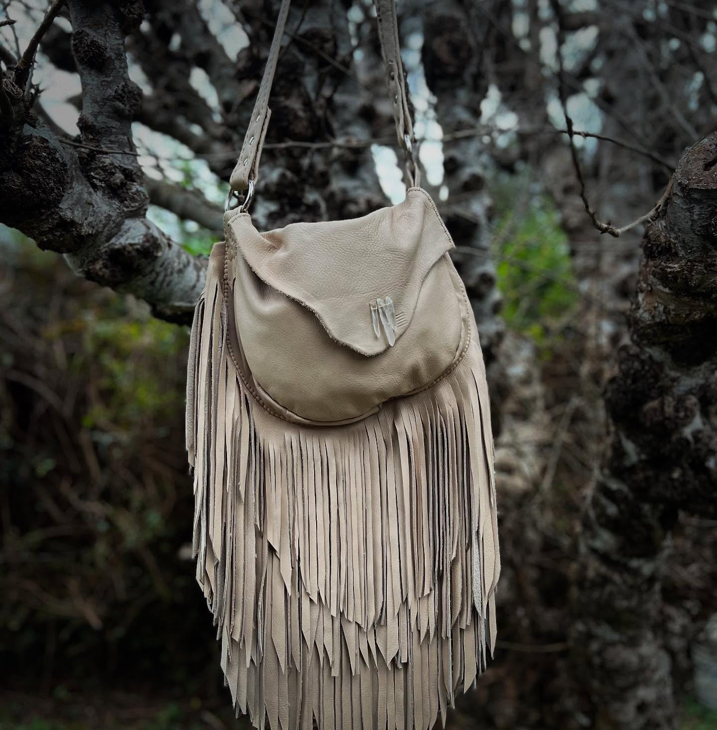 Crescent Moon Leather Fringe Bag With Crystal Accents - Etsy