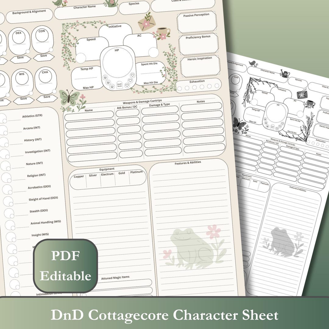 Dnd 2024 Cottagecore Character Sheet Bundle – Editable PDF, Form ...
