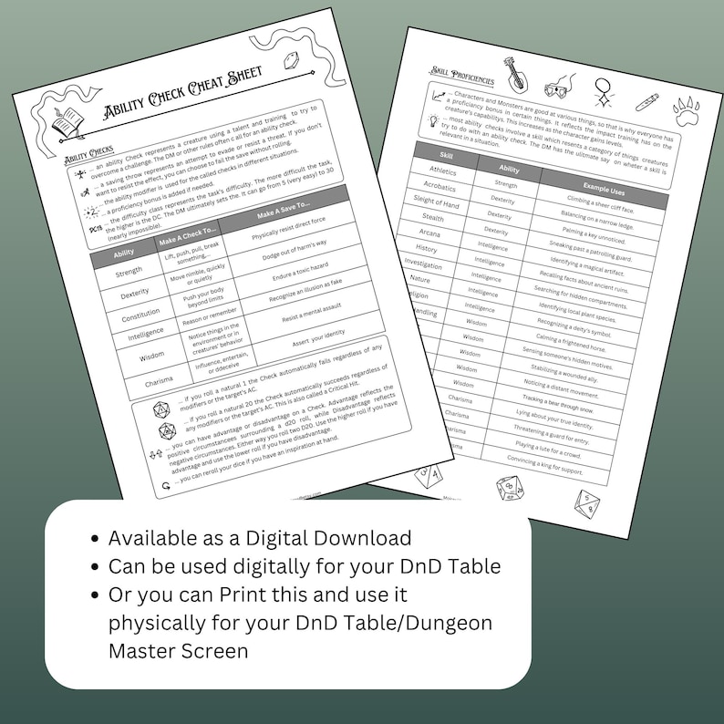 Dnd 5E 2024 Ability Check Cheat Sheet, Players Handbook Reference ...