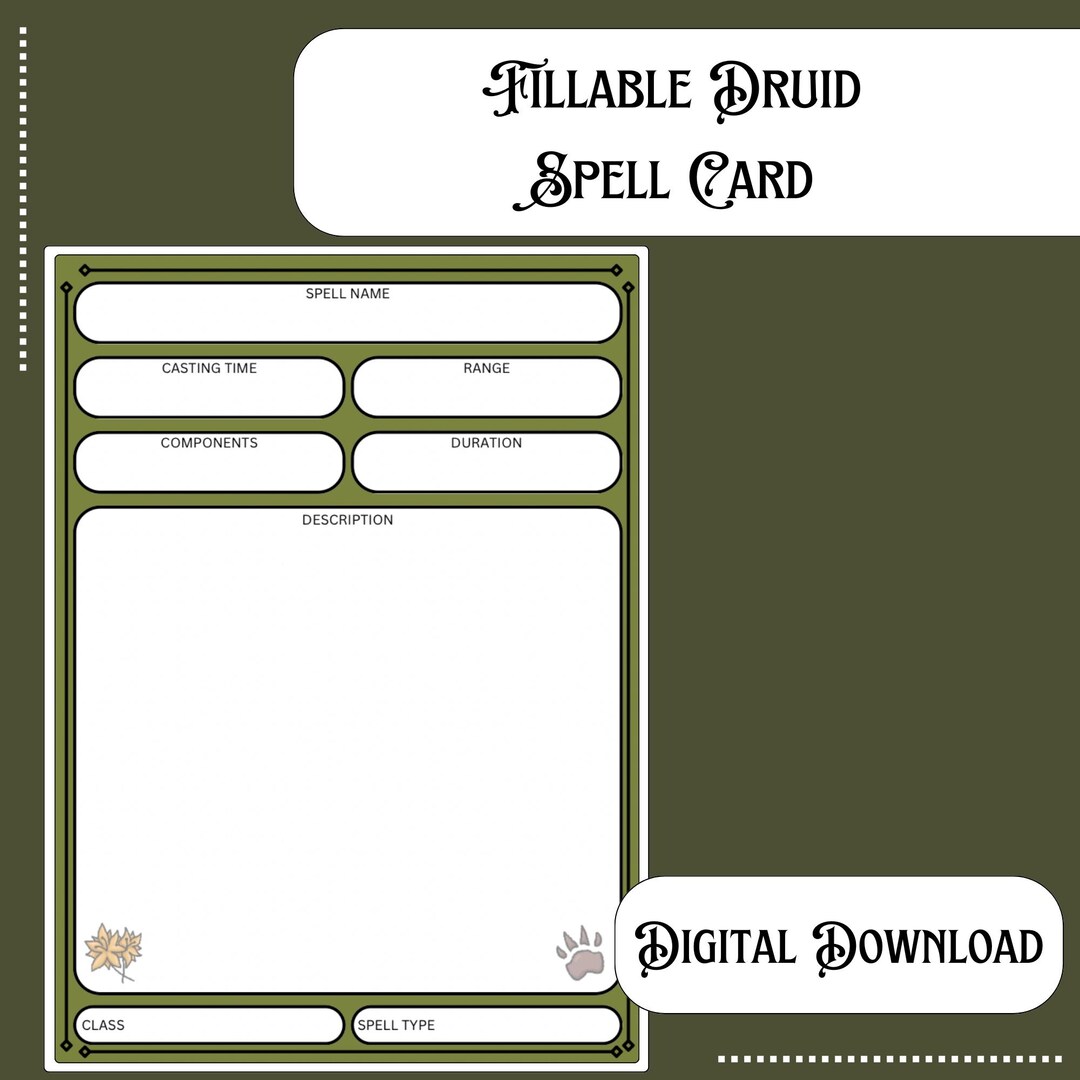 Dnd 5E 2024 Druid Spell Cards, Fillable PDF Form, Custom Spell Card ...