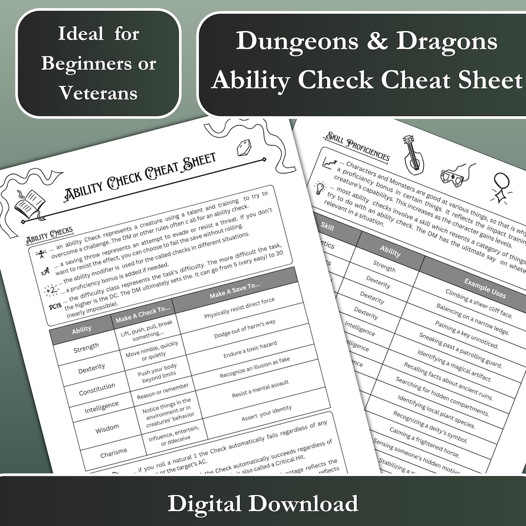Dnd 5E 2024 Ability Check Cheat Sheet: Dungeons and Dragons Beginner ...