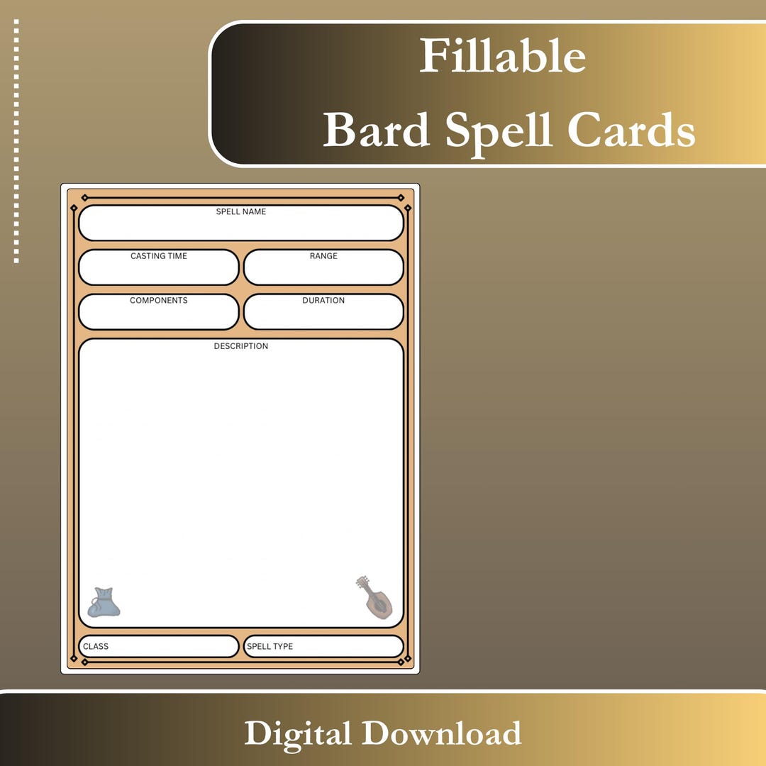 Dnd 5E 2024 Bard Spell Cards, Fillable PDF Form, Custom Spell Card ...