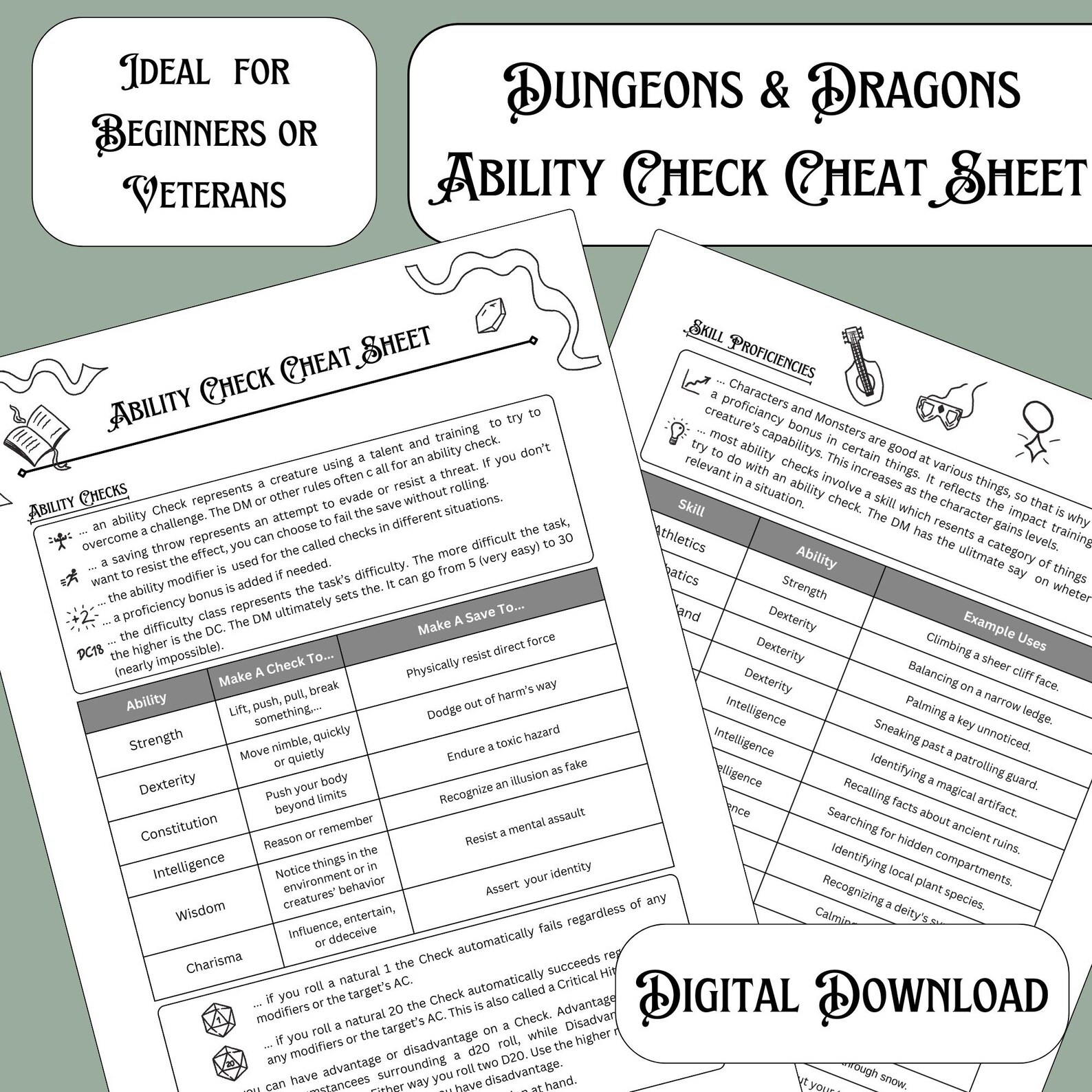 Dnd 5E 2024 Ability Check Cheat Sheet, Players Handbook Reference ...