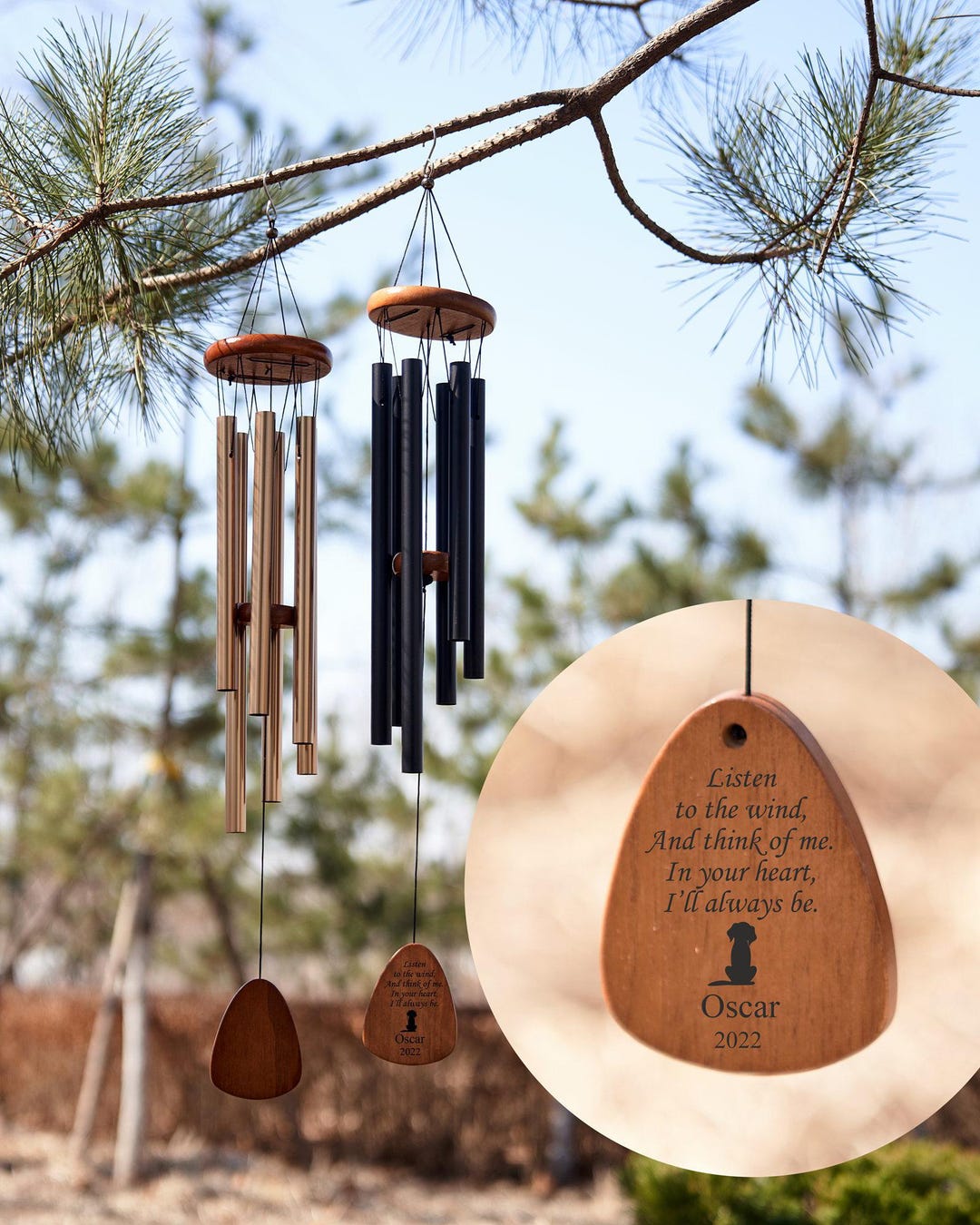 Personalized Pet Memorial Wind Chime - Engraved Wood & Black Metal ...