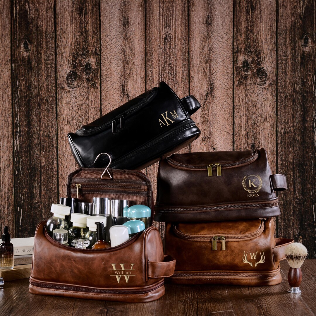 Laser Engraved Leather Travel Kit, Personalized Toiletry Bag for Him ...