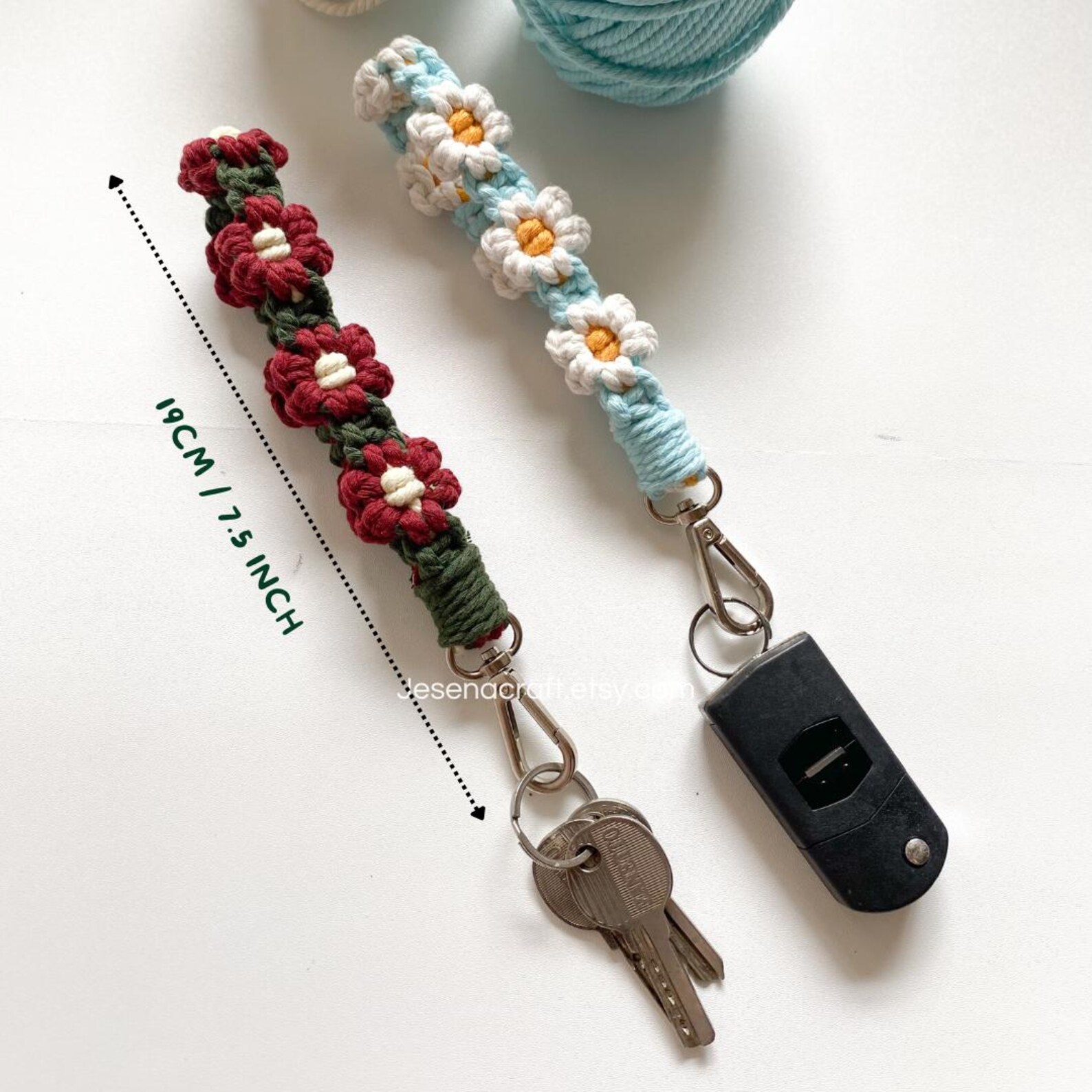 Custom Macrame Daisy Keychain, Macrame Daisy Wristlet Keychain ...