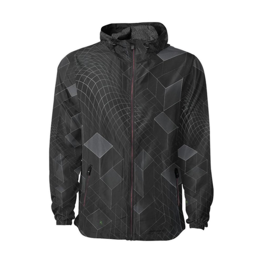 Men's Black and Gray Symmetric Pattern Windbreaker Hoodie, All Over ...