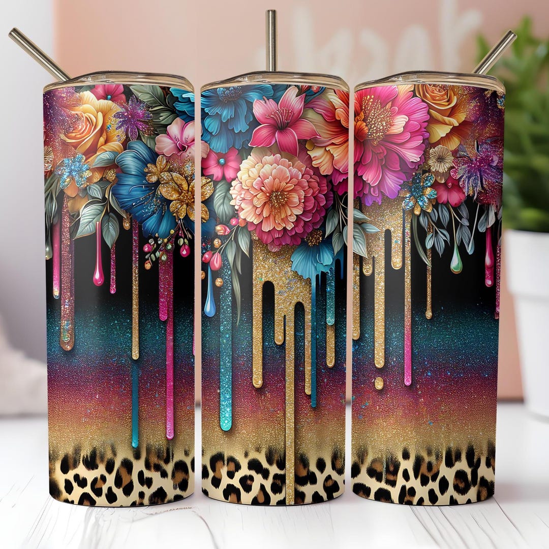 Floral Glitter Drip Leopard Print Tumbler Wrap PNG 20 Oz Skinny ...